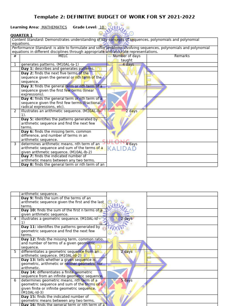 DBOW-Math-G10-with Target Days | PDF | Factorization | Circle