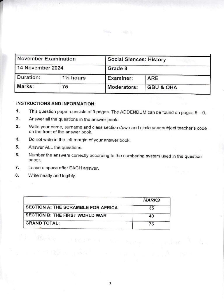 Exam Paper: Social Sciences Grade 8 | PDF | Africa | World War I