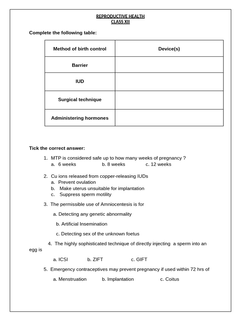 Reproductive Health WS12 (1) Biology Xii B 15 05 2024 Biology Xii B 15 ...