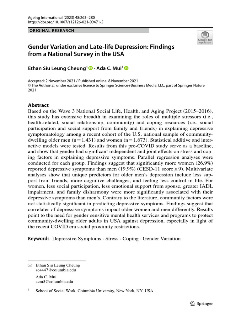 Gender Variation and Late Life Depression Findings | PDF | Stress ...