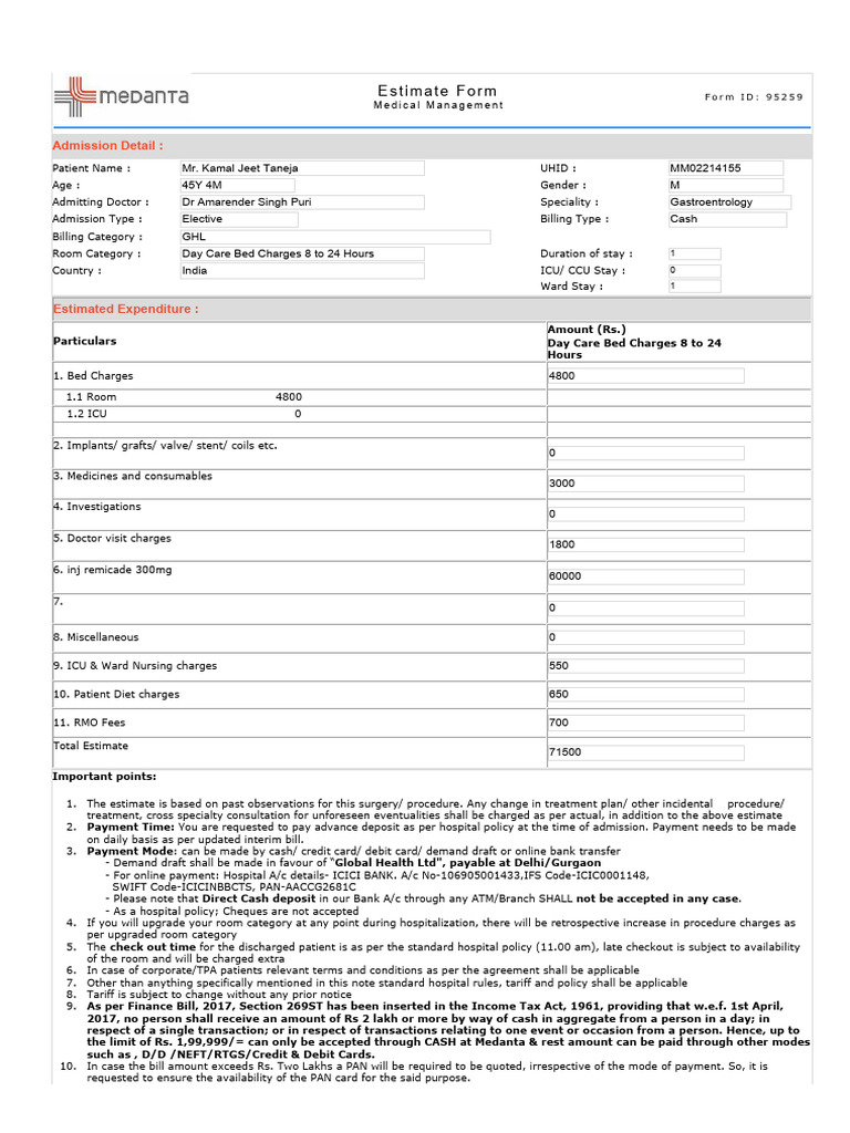 Estimate Form: Admission Detail | PDF | Banking | Money