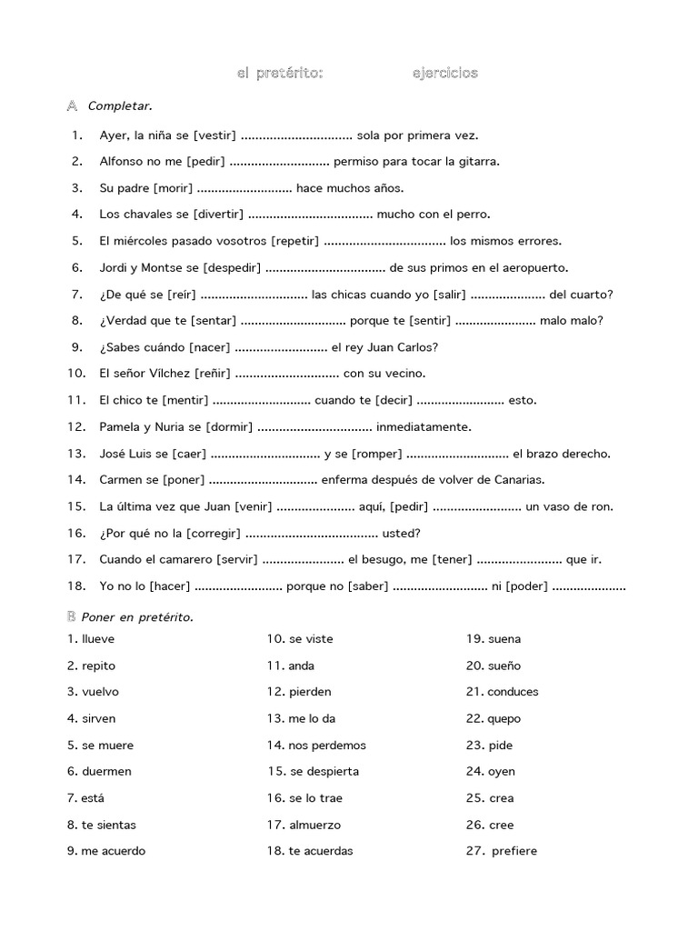 Ejercicios de pretérito en español | PDF