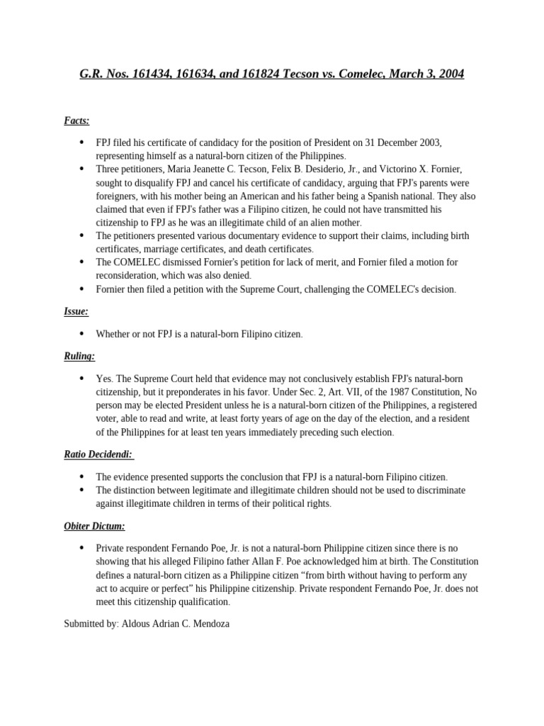 Case Digest For LWR Tecson V. Comelec MENDOZA | PDF | Citizenship | Supreme Court Of The United ...