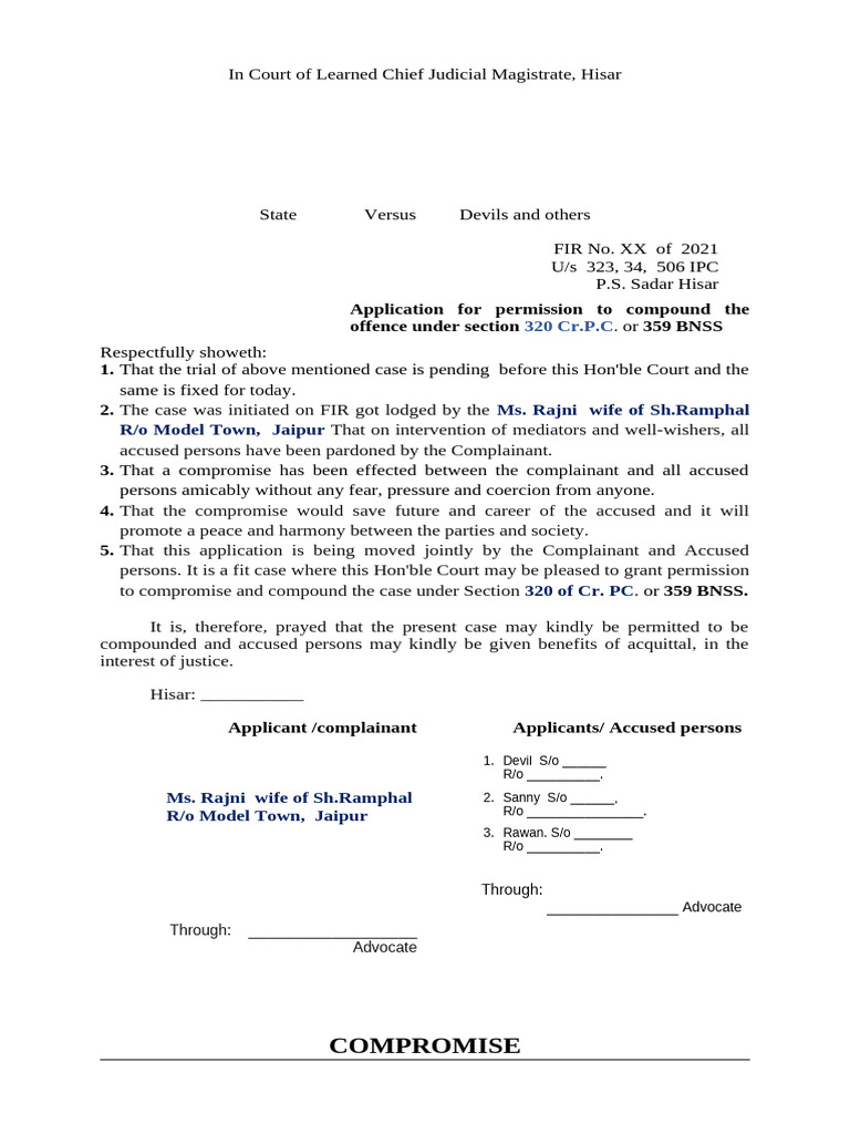 Application For Compounding The Offence U - S 320 CRPC or 359 BNSS ...