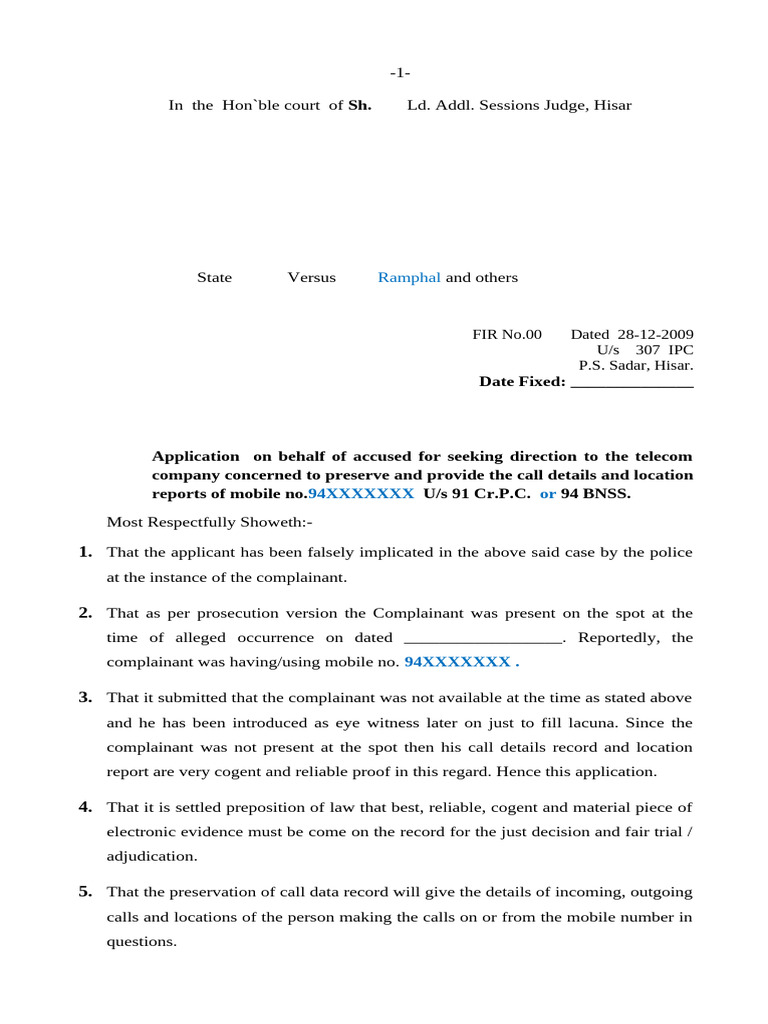 Application For Preserve of Call Details Record 91 CRPC or 94 BNSS ...