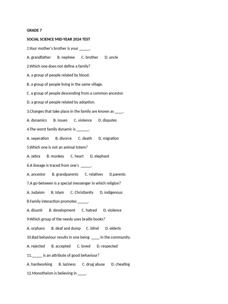 Grade 7 S0cial Science Mid-Year Test 2024 | PDF | Zimbabwe | Monotheism
