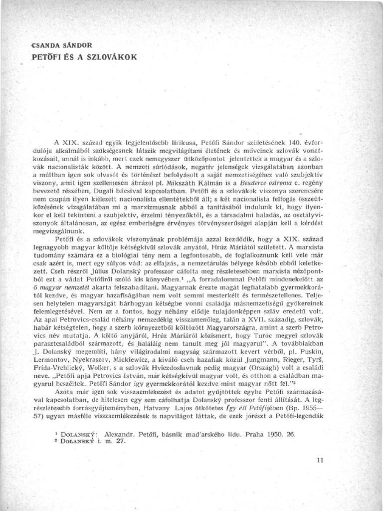Csanda Sándor: Petőfi És A Szlovákok | PDF