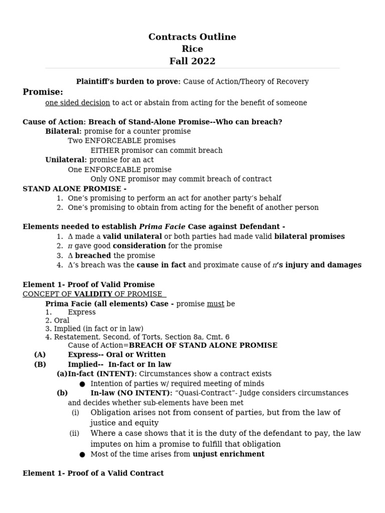 Rice Contracts Fall 2022 | PDF | Consideration | Damages