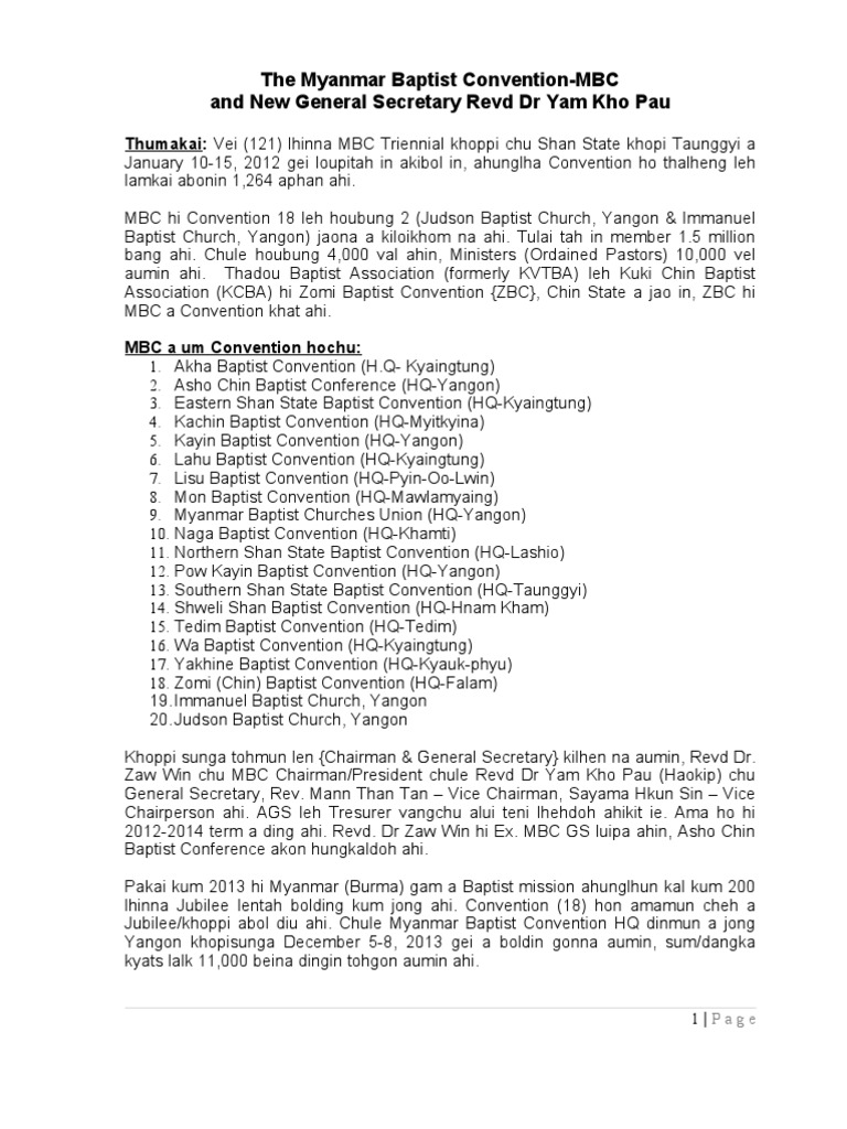 MBC New General Secretary Revd DR Yam Kho Pau | PDF | Myanmar ...