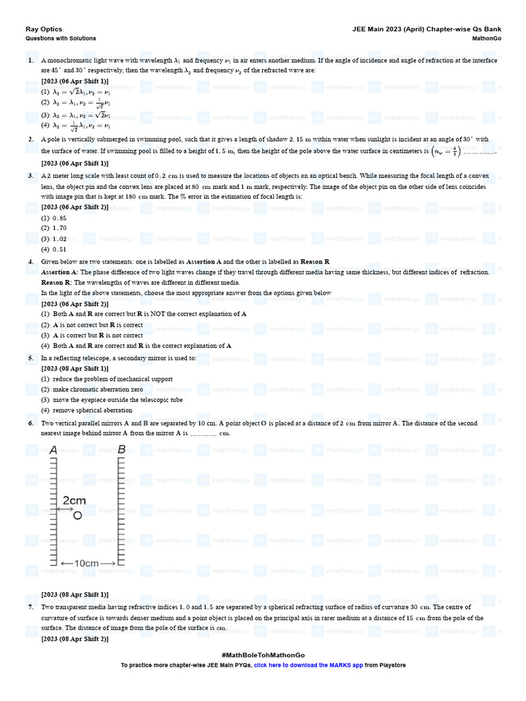 Ray Optics - JEE Main 2023 April Chapterwise PYQ - MathonGo | PDF ...