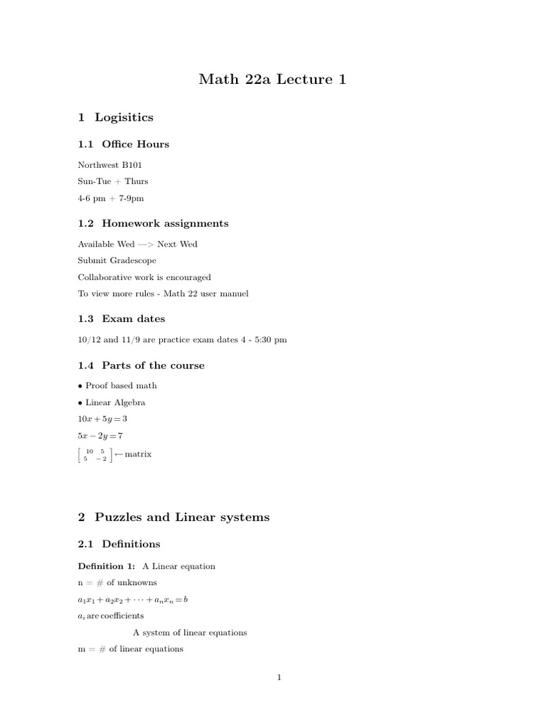 Linear Algebra Harvard notes Lecture 1 | PDF | System Of Linear ... Linear Algebra Harvard notes Lecture 1 | PDF | System Of Linear ...