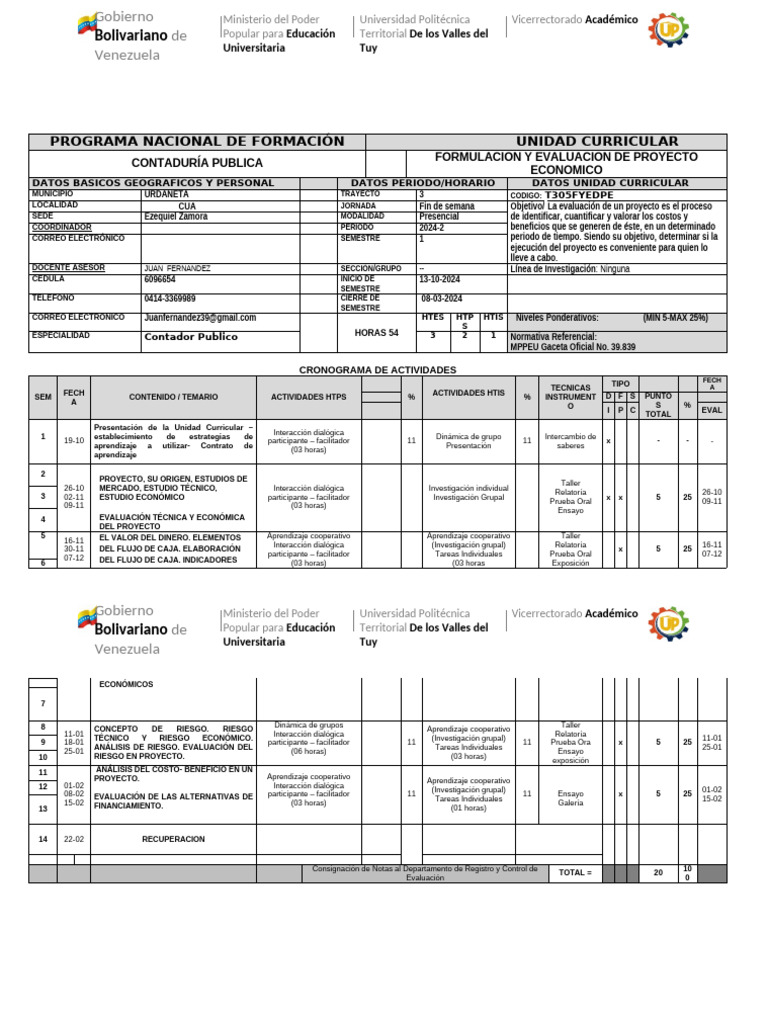 Acuerdo Aprendizaje Form.y Eval. Proyectos 2024-2 | PDF | Evaluación | Aprendizaje