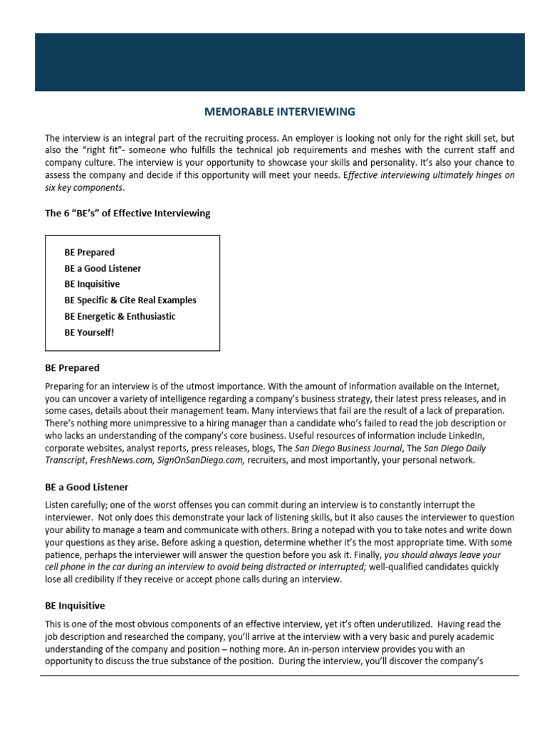 Turningpoint. Memorable Interviewing 6 Bes Handout | PDF | Recruitment ...