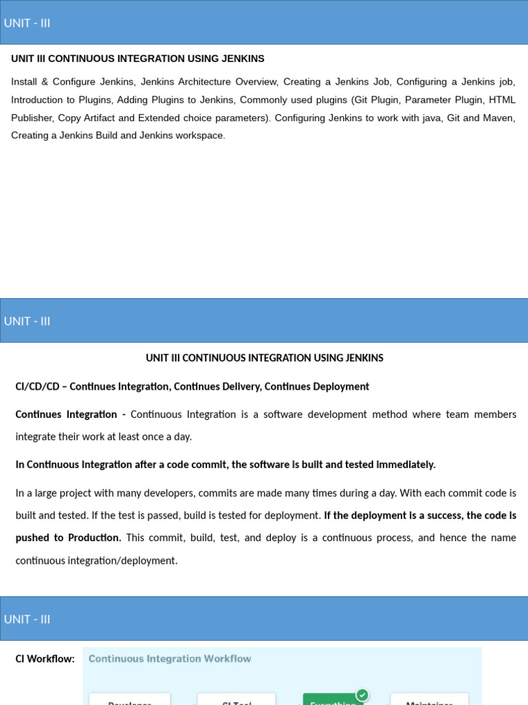 Unit III Continuous Integration Using Jenkins | PDF | Computing | Software Engineering