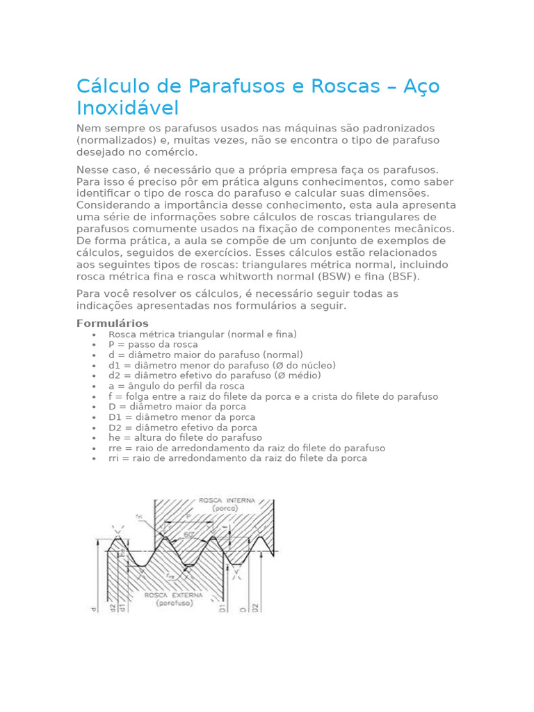 Cálculo de Parafusos e Roscas - Aço Inoxidável | PDF | Parafuso