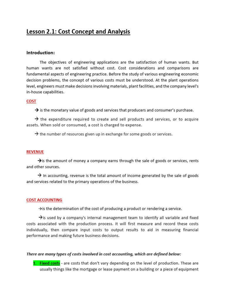 Lesson 2.1-Cost Concept and Analysis | PDF | Cost | Expense
