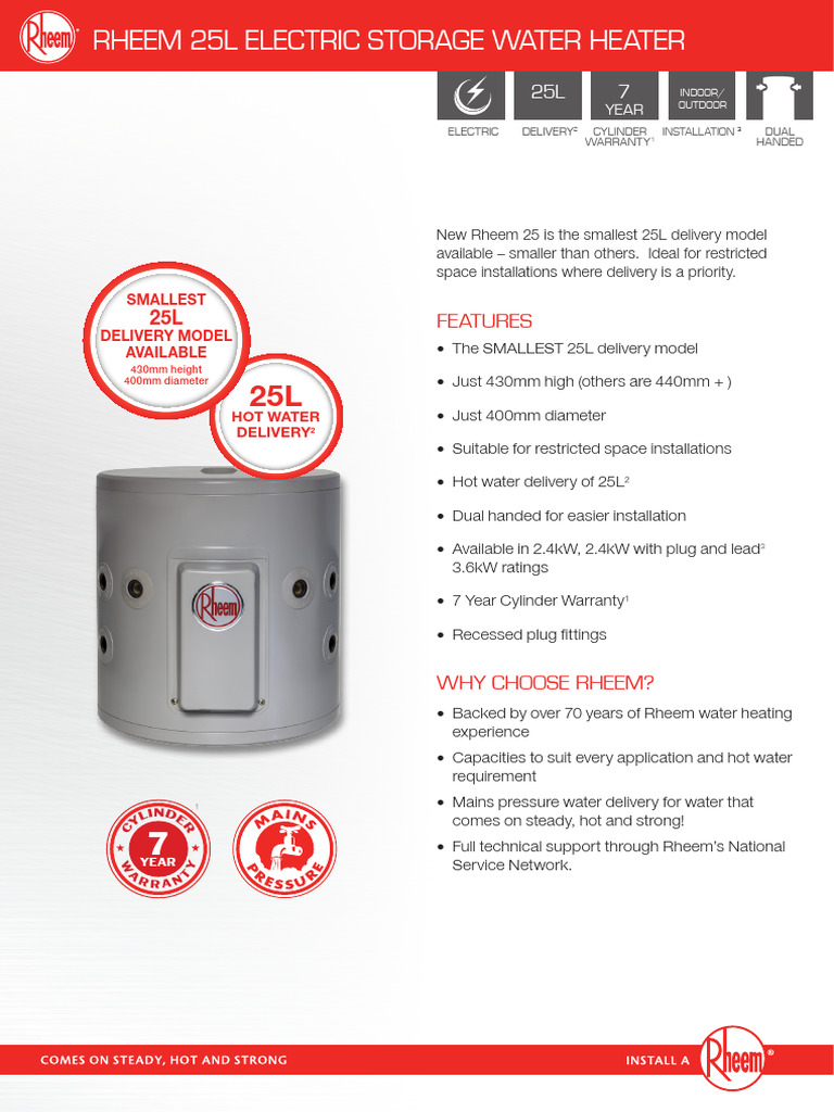 Rheem Electric 25 LSpec Sheet 191025 June 2016 Web | PDF | Water ...
