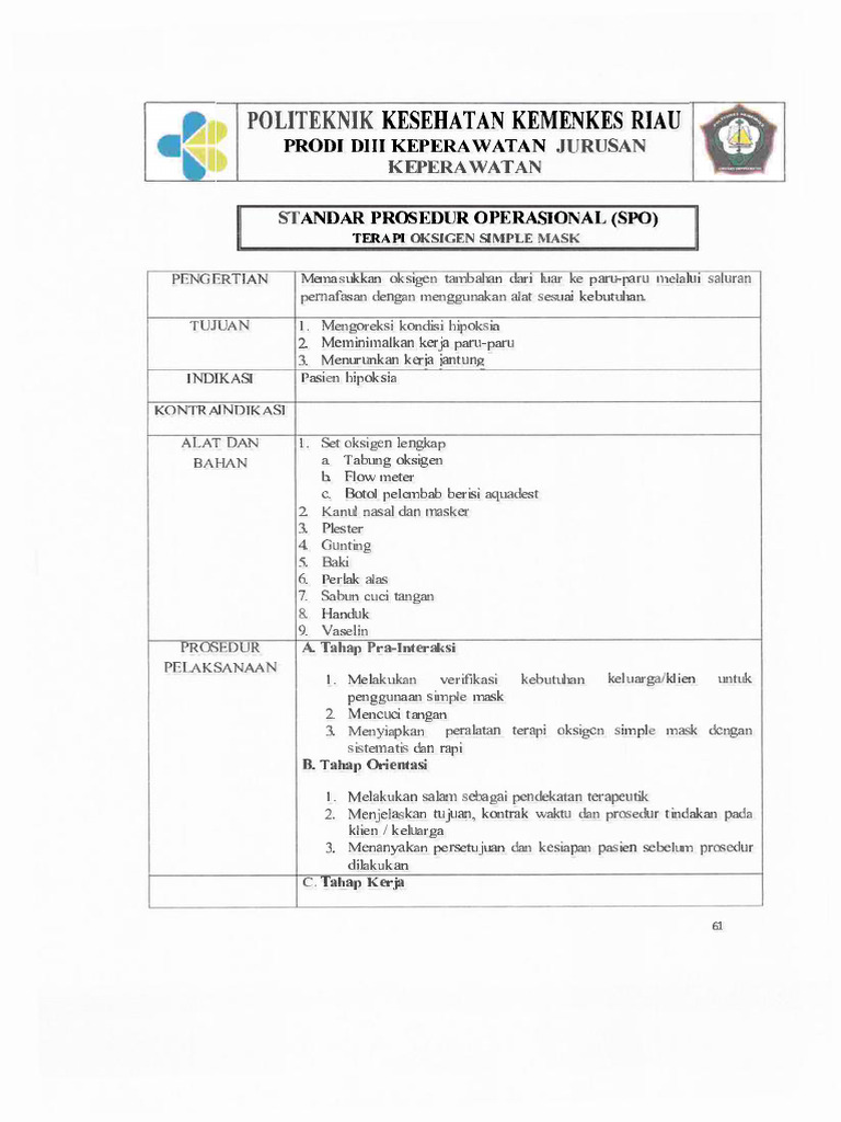Sop Terapi Oksigenasi Simple Mask | PDF