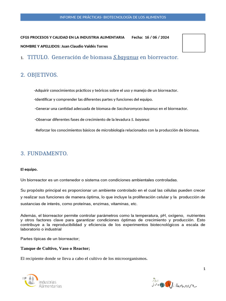 Biomasa S.bayanus en Biorreactores | PDF | Fermentación | Biología