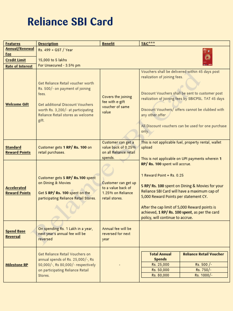 One Pager Reliance SBI Card Base 28.10.23 | PDF | Credit Card | Fee