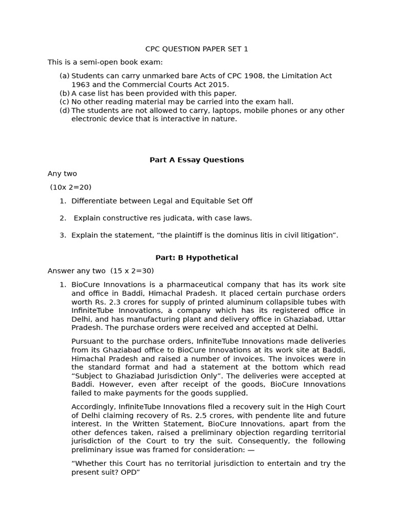 CPC Question Paper 2024 Spring Set 1 | PDF | Lawsuit | Pleading