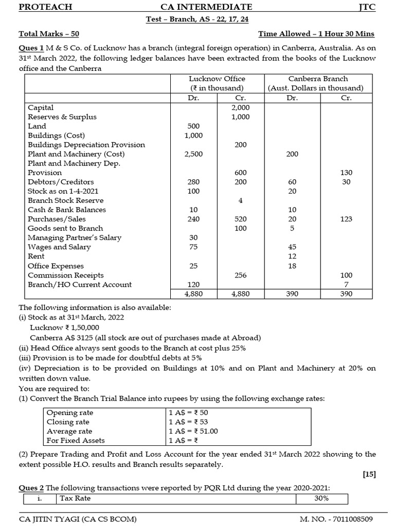 CA Intermediate Branch Accounting Exam | PDF | Expense | Taxes