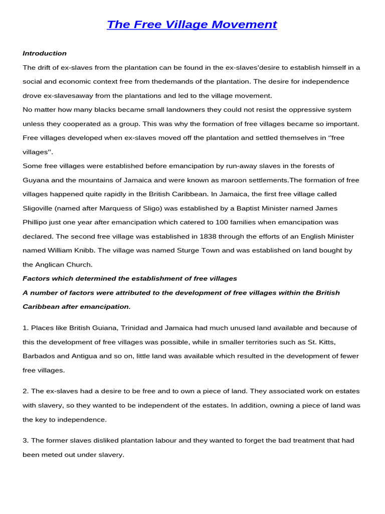 Impact of Free Villages Post-Emancipation | PDF | Slavery | Caribbean