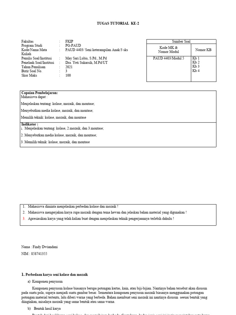 TT2 - Seni Ketrampilan Anak - FINDY DWIANDANI - 858741355 | PDF