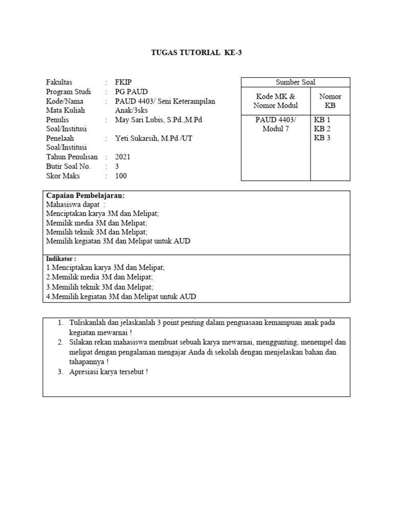 TT3 - Seni Dan Keterampilan Anak - FINDY DWIANDANI - 858741355 - UPBJJ SURABAYA | PDF