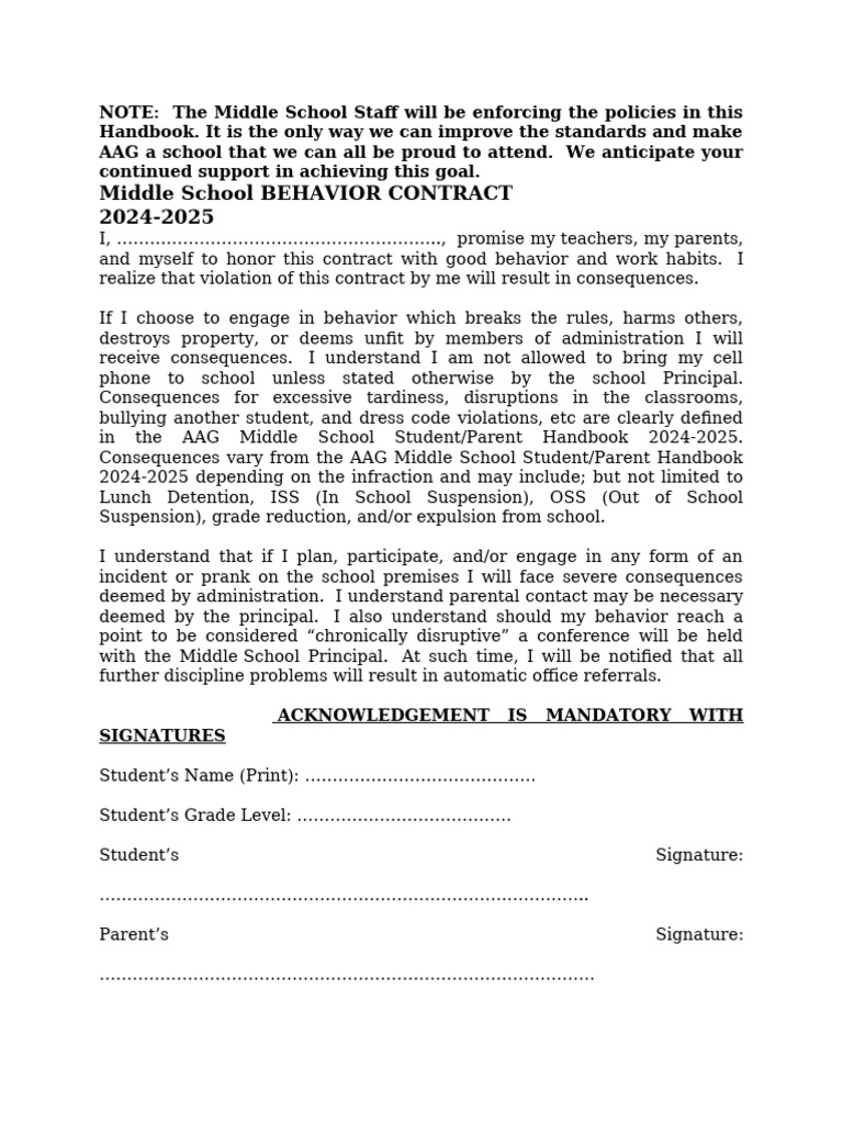 Student Handbook Signature Page 2024-2025 | PDF | Behavior Modification