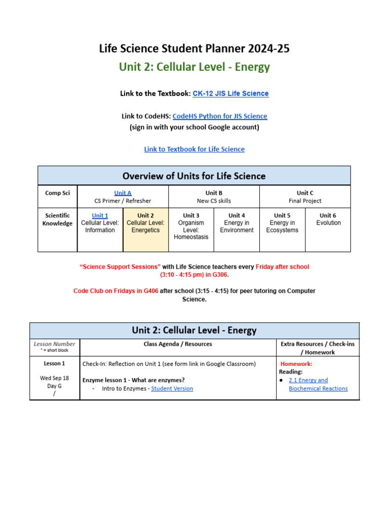 Unit 2 - Life Science Student Planner 24-25 | PDF | Cellular ...