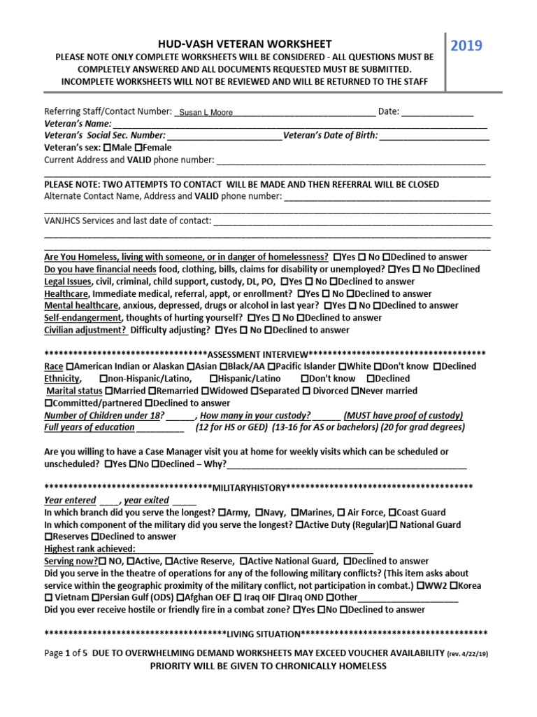 HUD-VASH Veteran Worksheet 2019 | PDF | Substance Abuse | Chronic Condition