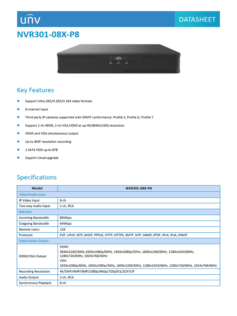 NVR301-08X-P8 8-Channel 4K NVR Datasheet | PDF | Hdmi | Usb