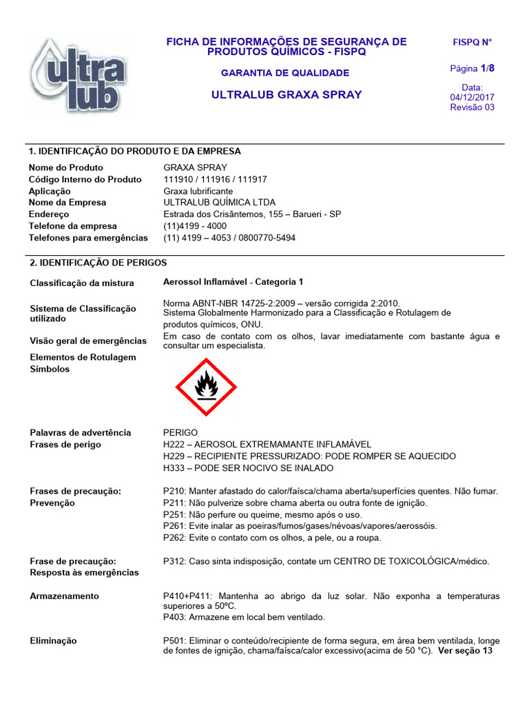 FISPQ Ultralub Graxa Spray: Segurança e Uso | PDF | Desperdício ...
