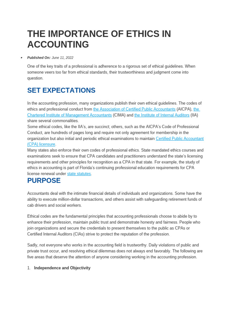 The Importance of Ethics in Acconting | PDF | Certified Public ...