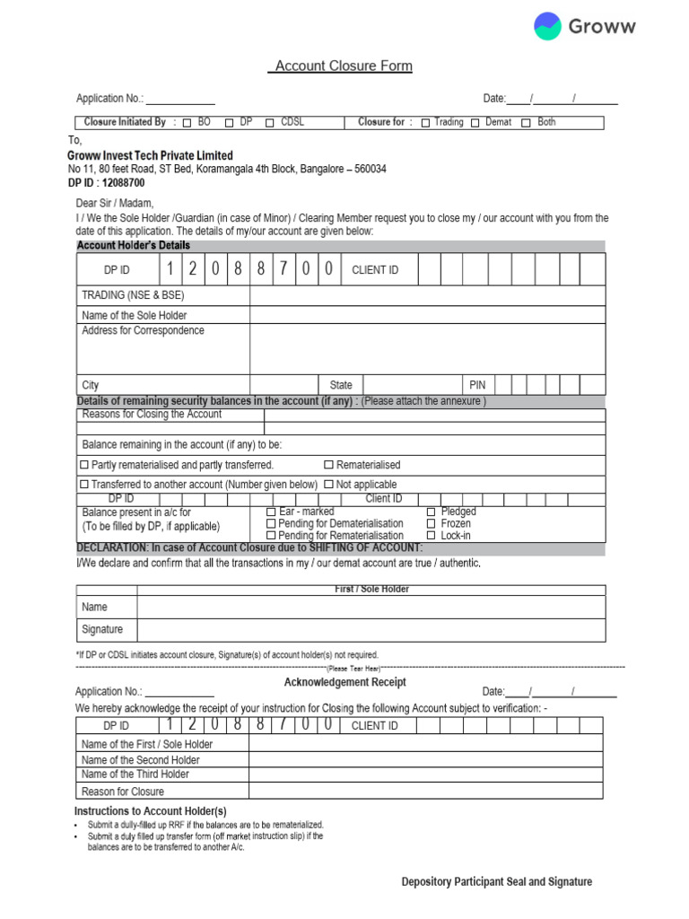 Equity Demat Trading Account Closure Form | PDF | Finance & Money ...