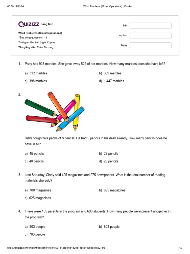 Quizizz - Word Problems (Mixed Operations) | PDF | Desserts | Baked Goods