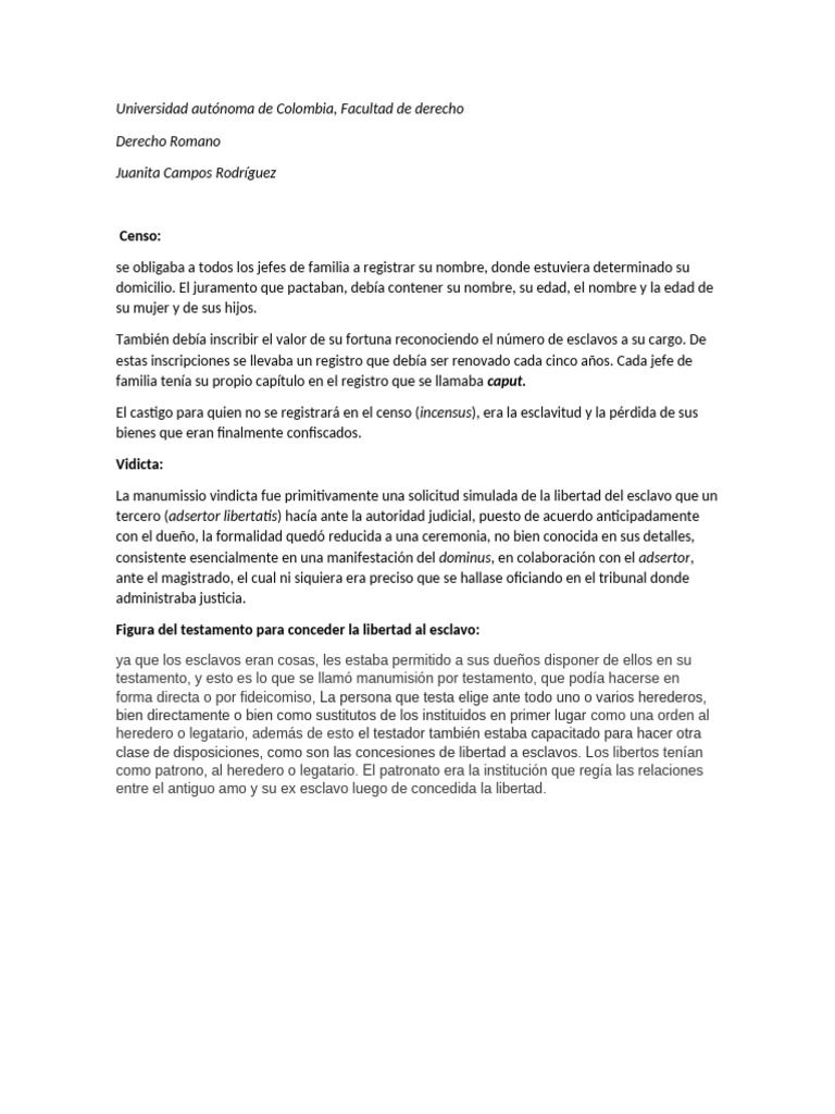 Derecho Romano: Censo y Manumisión | PDF | Derecho