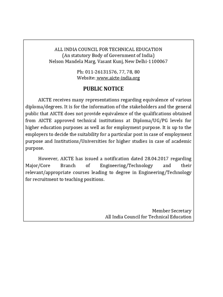AICTE Public Notice on Degree Equivalence | PDF | Business | Computers