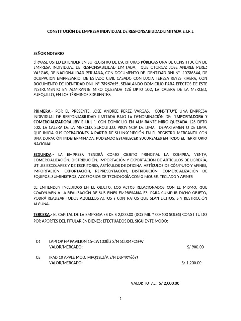 Minuta Eirl Con Aporte de Bienes | PDF | Documento de identidad | Arbitraje