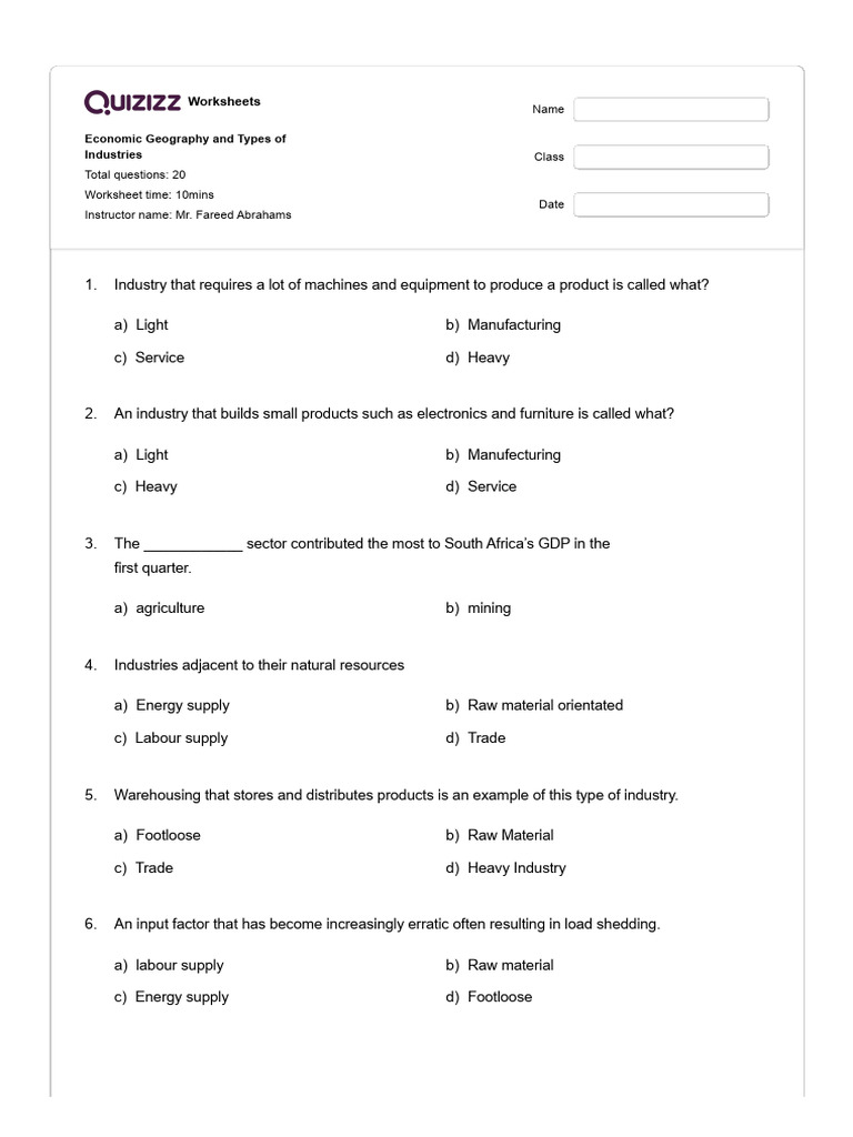 Economic Geography and Types of Industries - Quizizz | PDF | Exports ...