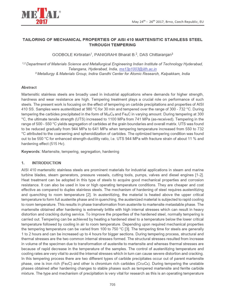 1382 Tailoring of Mechanical Properties of Alsi 410 Martensitic Stainless Steel Through ...