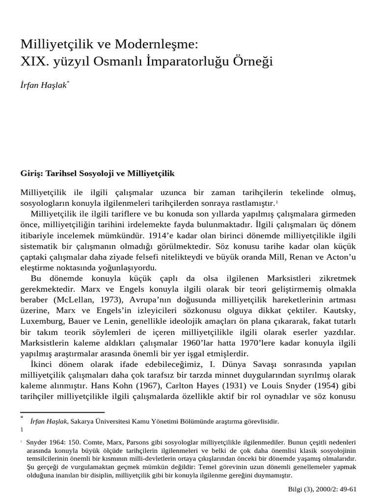 Milliyet Ilik Ve Modernle Me XIX. y Zy L Osmanl Mparatorlu U Rne I (#311442) - 301075 | PDF