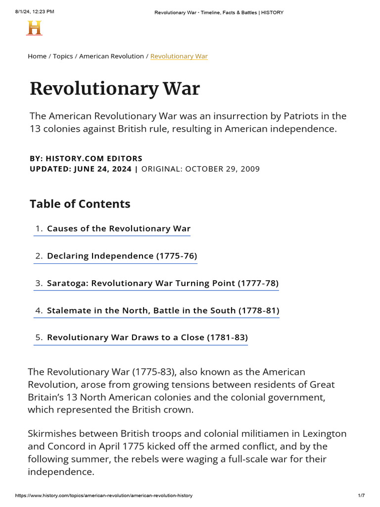 Revolutionary War Overview and Timeline | PDF | American Revolutionary ...
