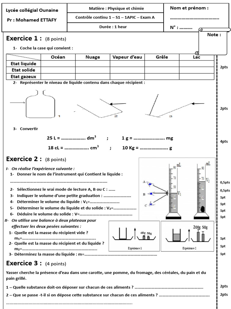 Contrôle continu 1 S1 Physique 1AC | PDF