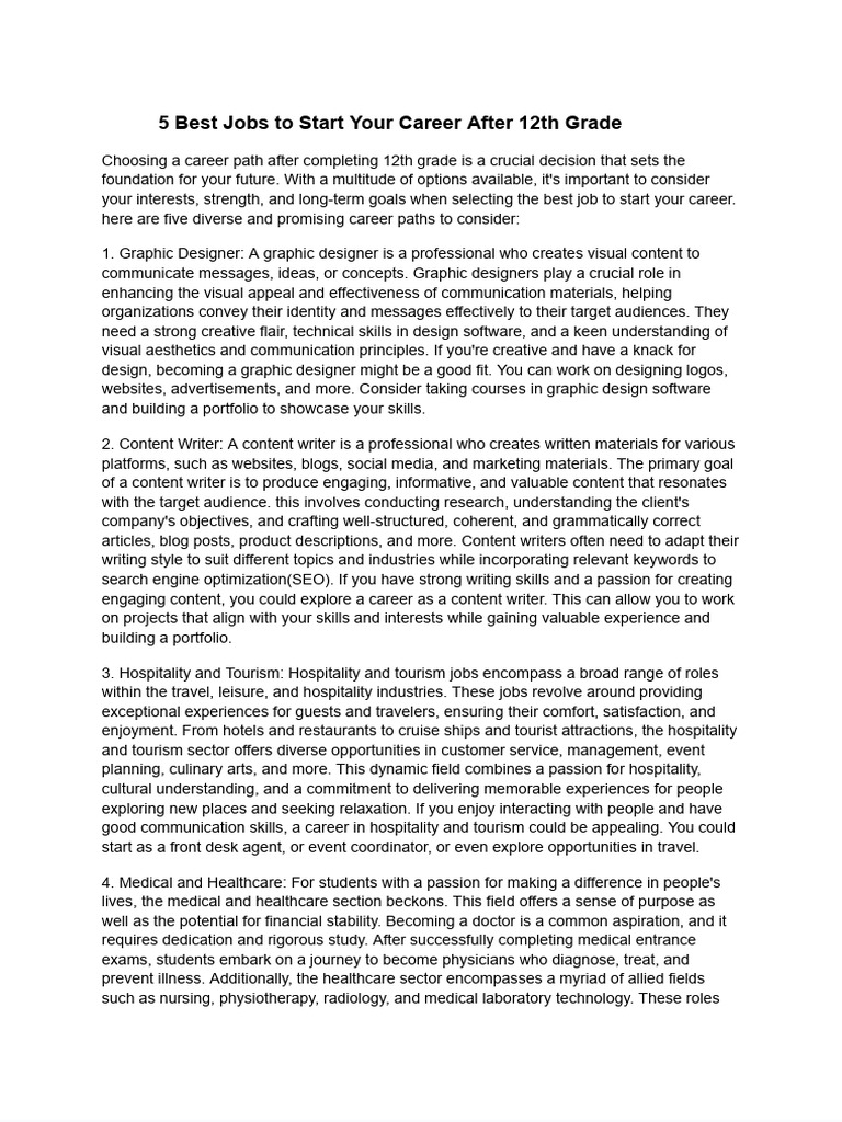 5 Best Jobs To Start Your Career After 12th Grade | PDF | Sales ...