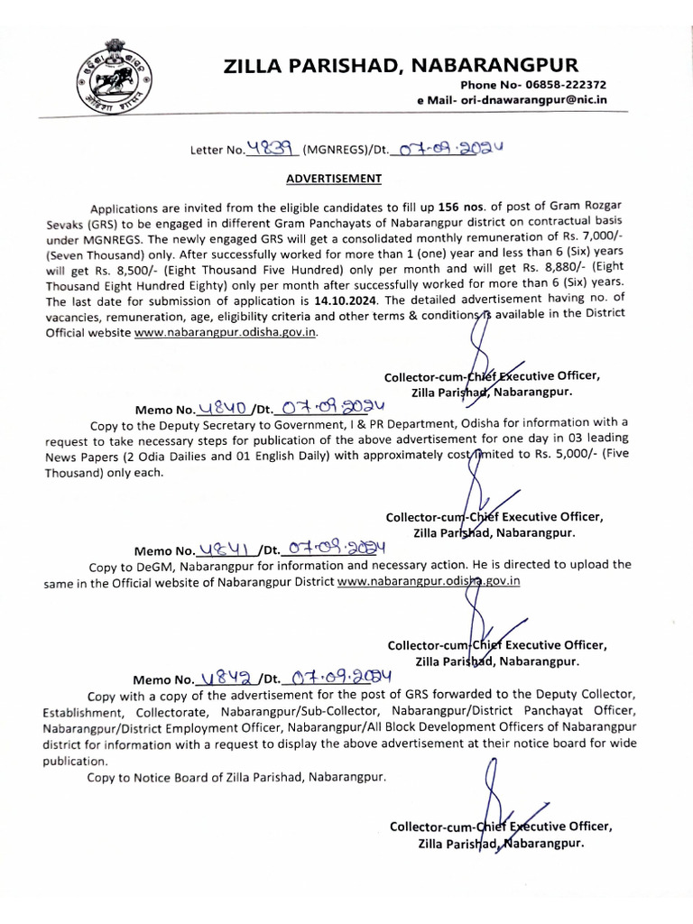 4839-Advertisement For Gram Rozgar Sevaks (GRS) of Nabarangpur District ...