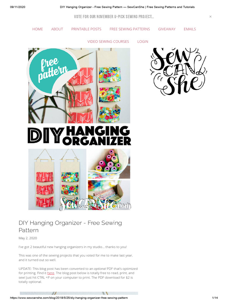 DIY Hanging Organizer - Free Sewing Pattern - SewCanShe - Free Sewing ...