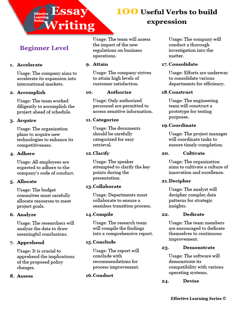 100 Useful Verbs (Beginner Level) | PDF | Strategic Planning ...