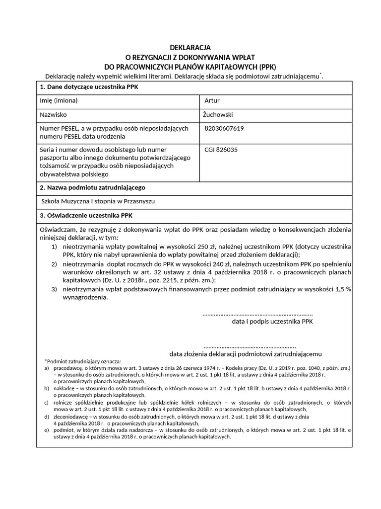 Deklaracja o Rezygnacji Z Dokonywania WP - at Do PPK v2 Moja | PDF